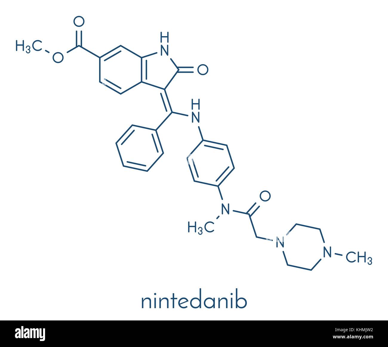 Nintedanib cancer drug molecule. Angiogenesis inhibitor. Skeletal ...