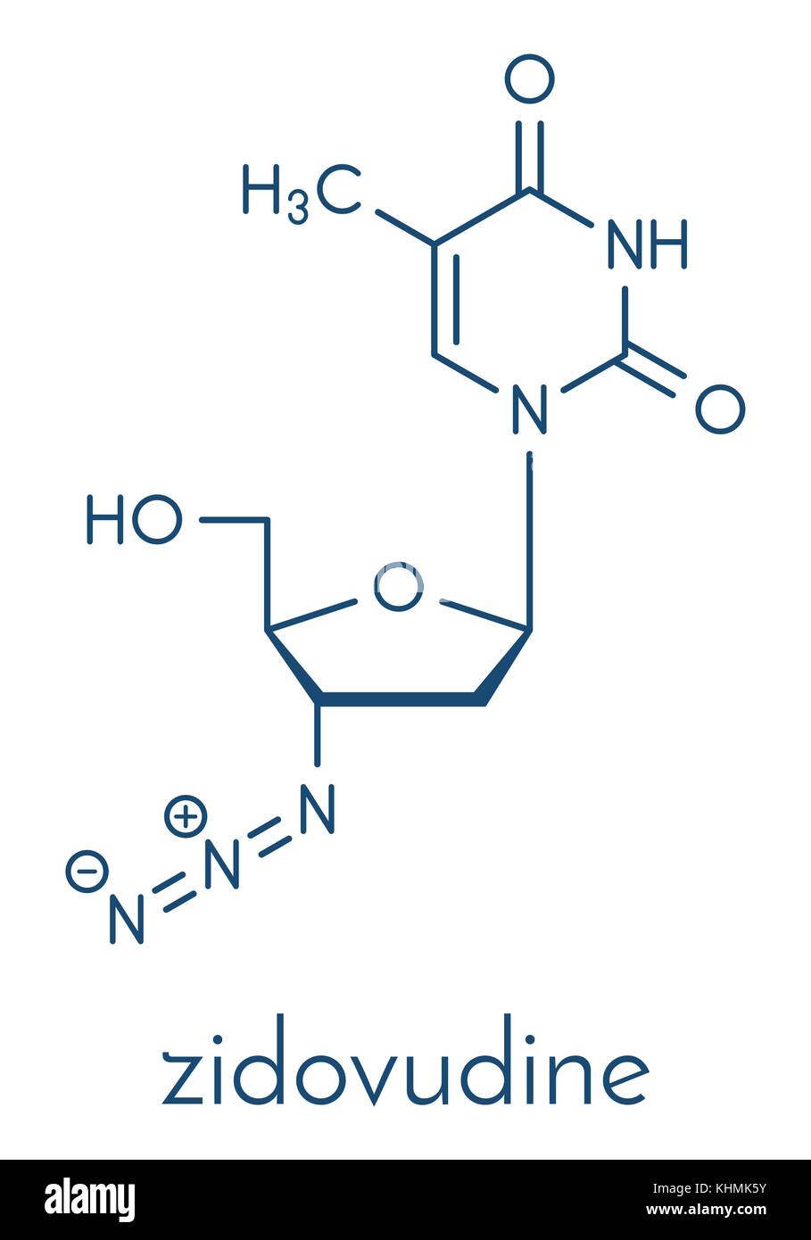 Zidovudine (azidothymidine, AZT) HIV drug molecule. Skeletal formula ...