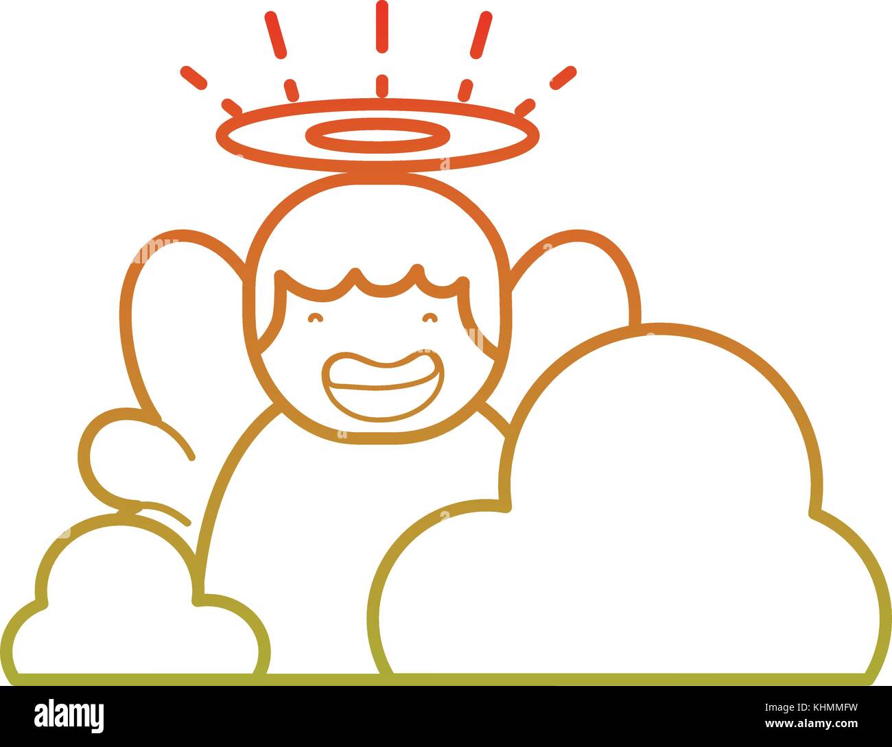 line cute angel with aureole and wings with clouds vector illustration ...