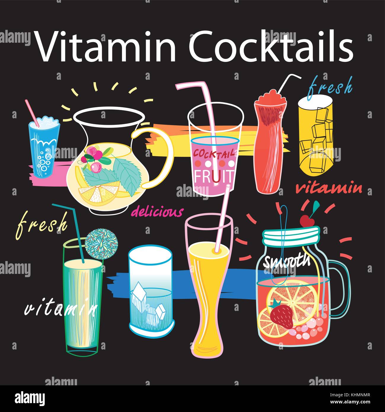 Beautiful graphics set of vitamin cocktails for advertising cafe and ...