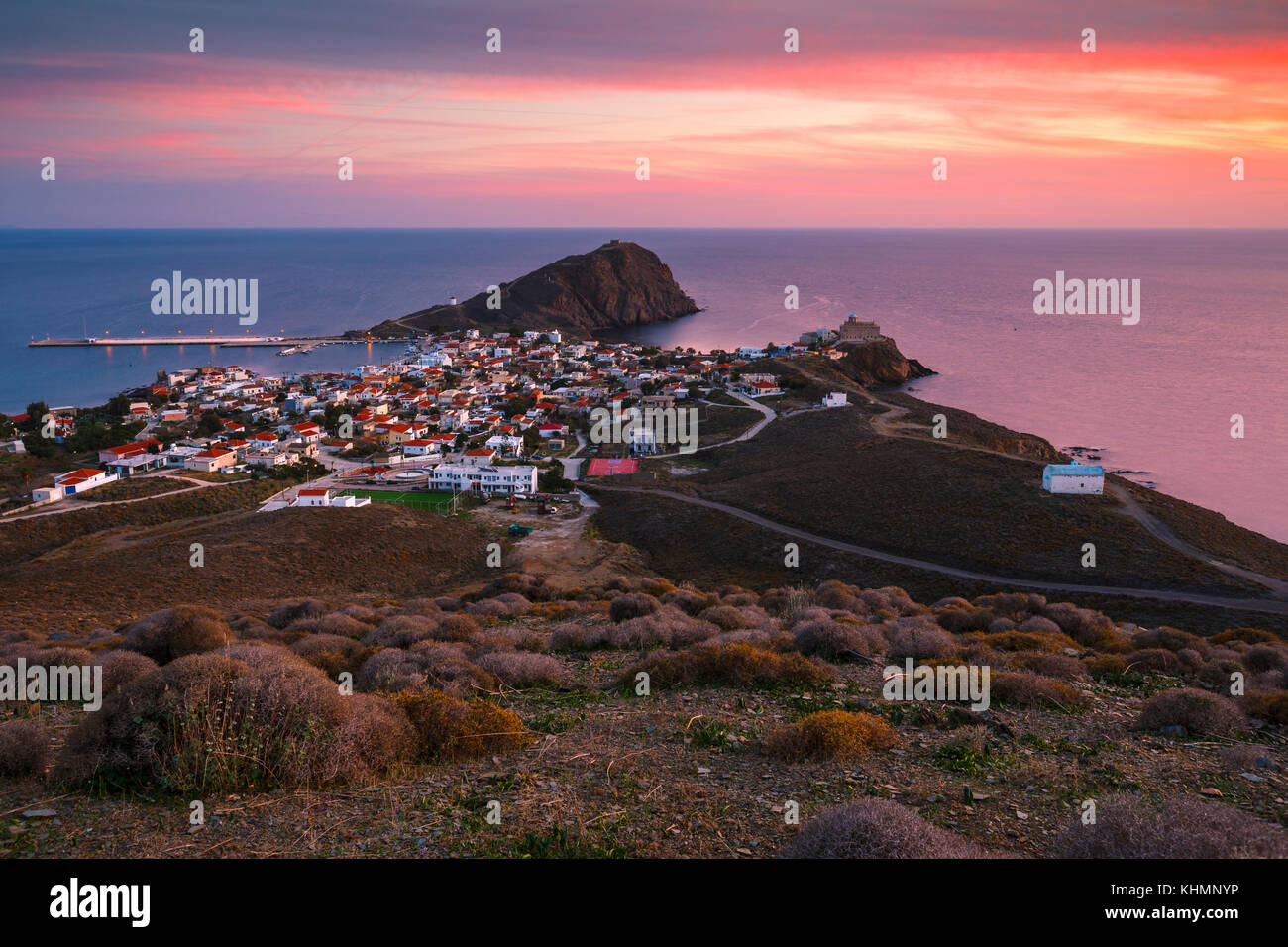 Image of Psara's main village and harbour at sunset Stock Photo - Alamy