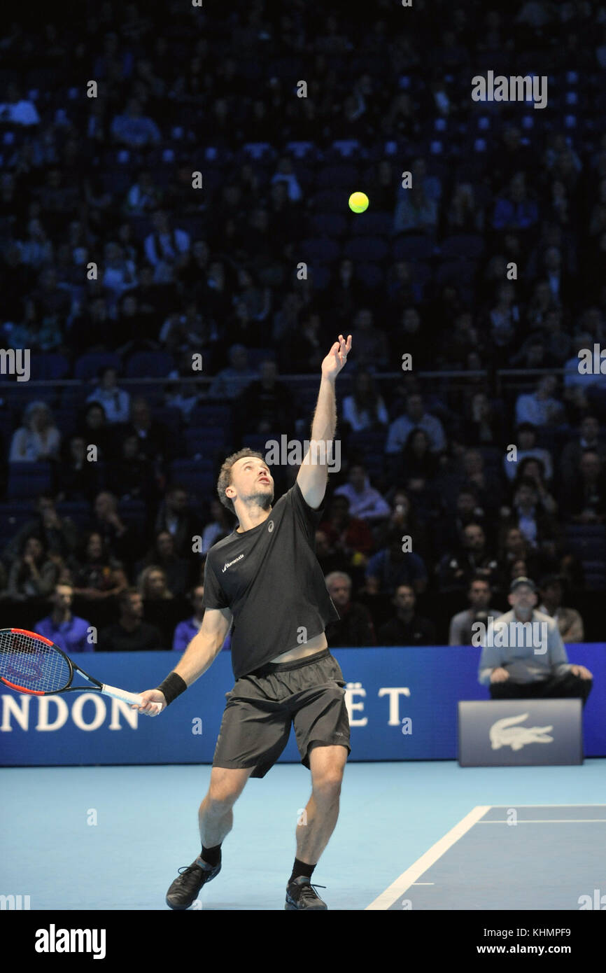 London, UK. 17th Nov, 2017. Bruno Soares (BRA) serving in the doubles ...