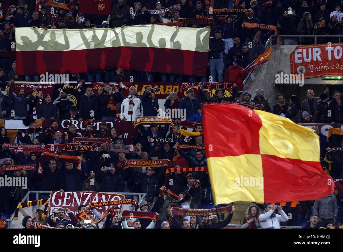 Olympic Stadium, ROME, Italy. 18th Nov, 2017. Supporters of Roma cheer ...