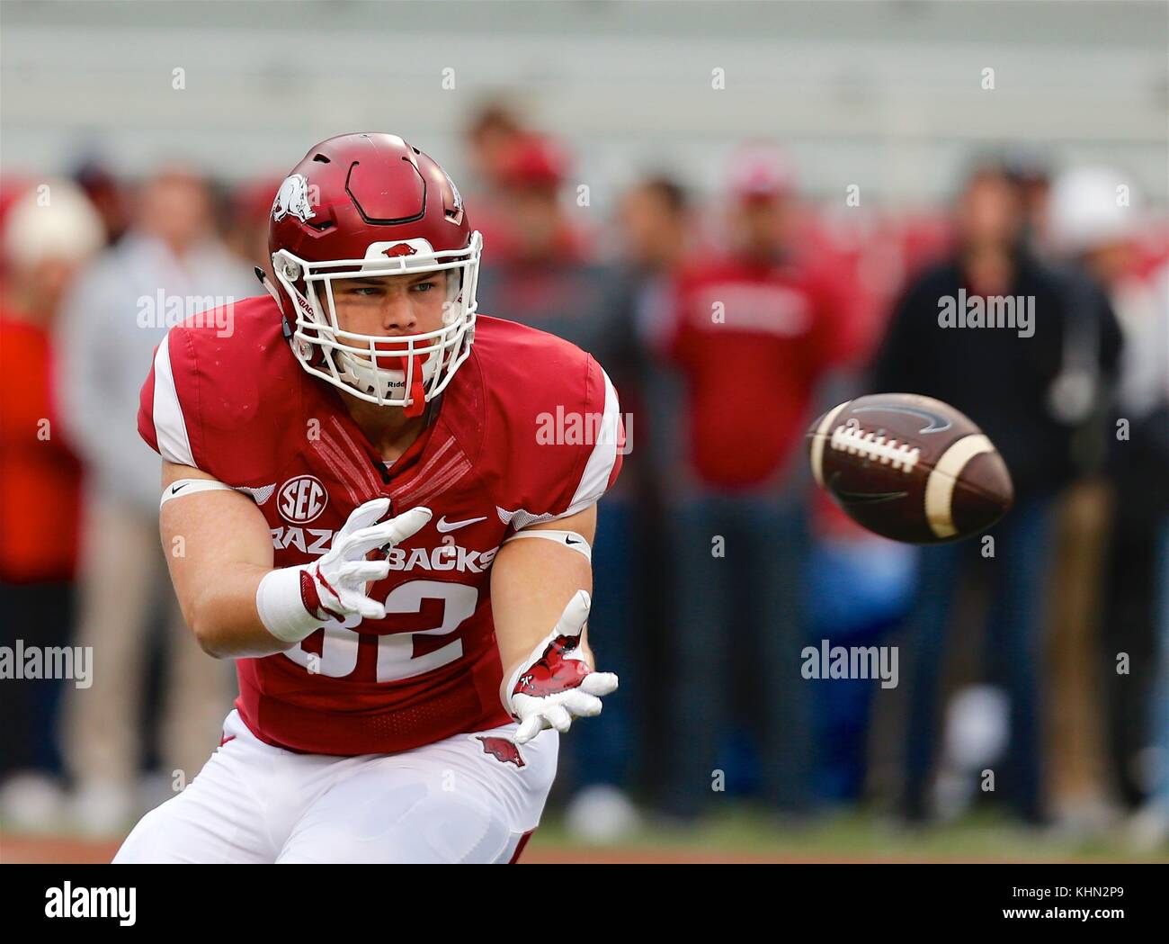 Nov 18, 2017: Razorback fullback Hayden Johnson #32 looks in a ball ...
