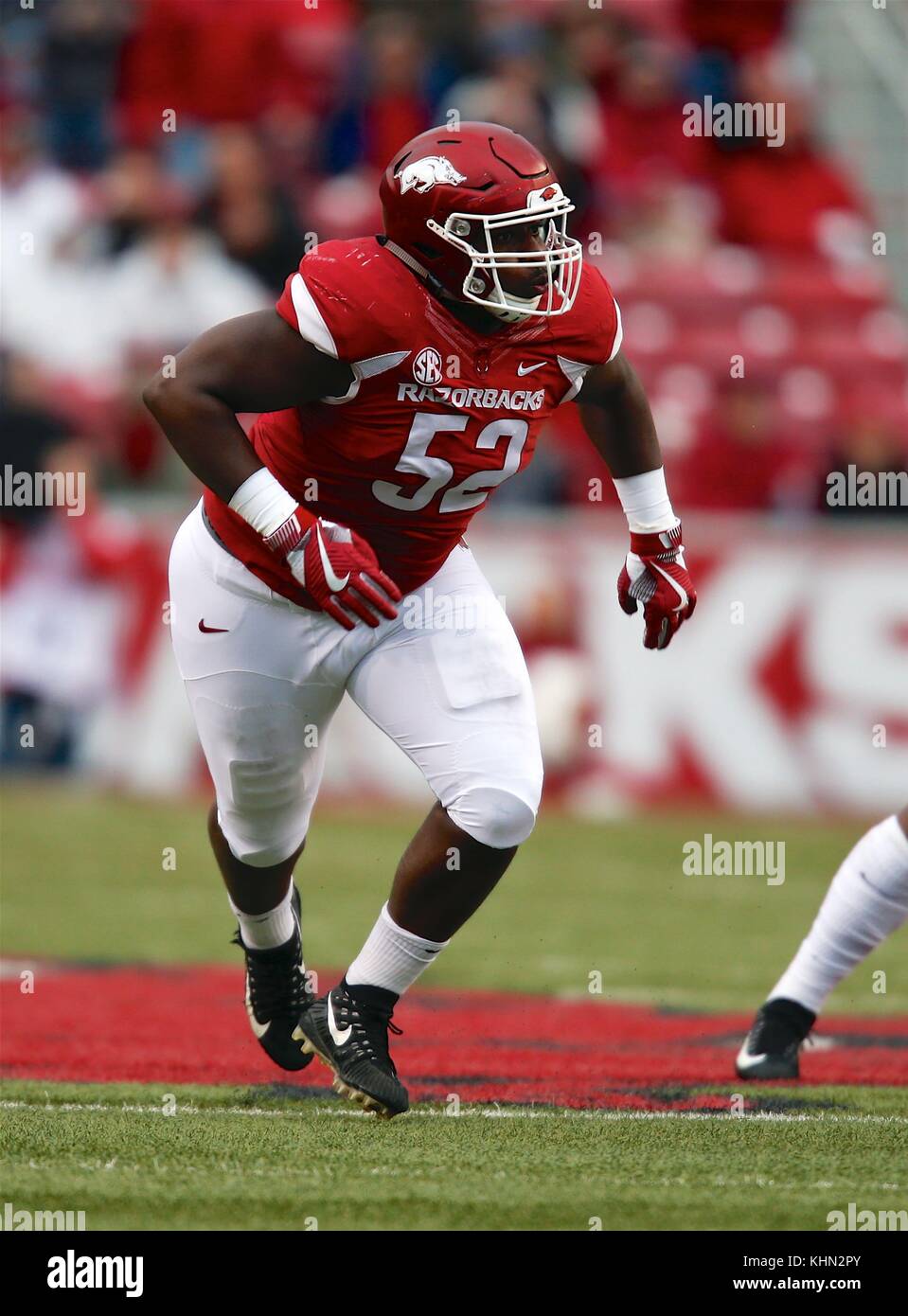 Nov 18, 2017: Razorback defensive end T.J. Smith #52 comes up the field ...