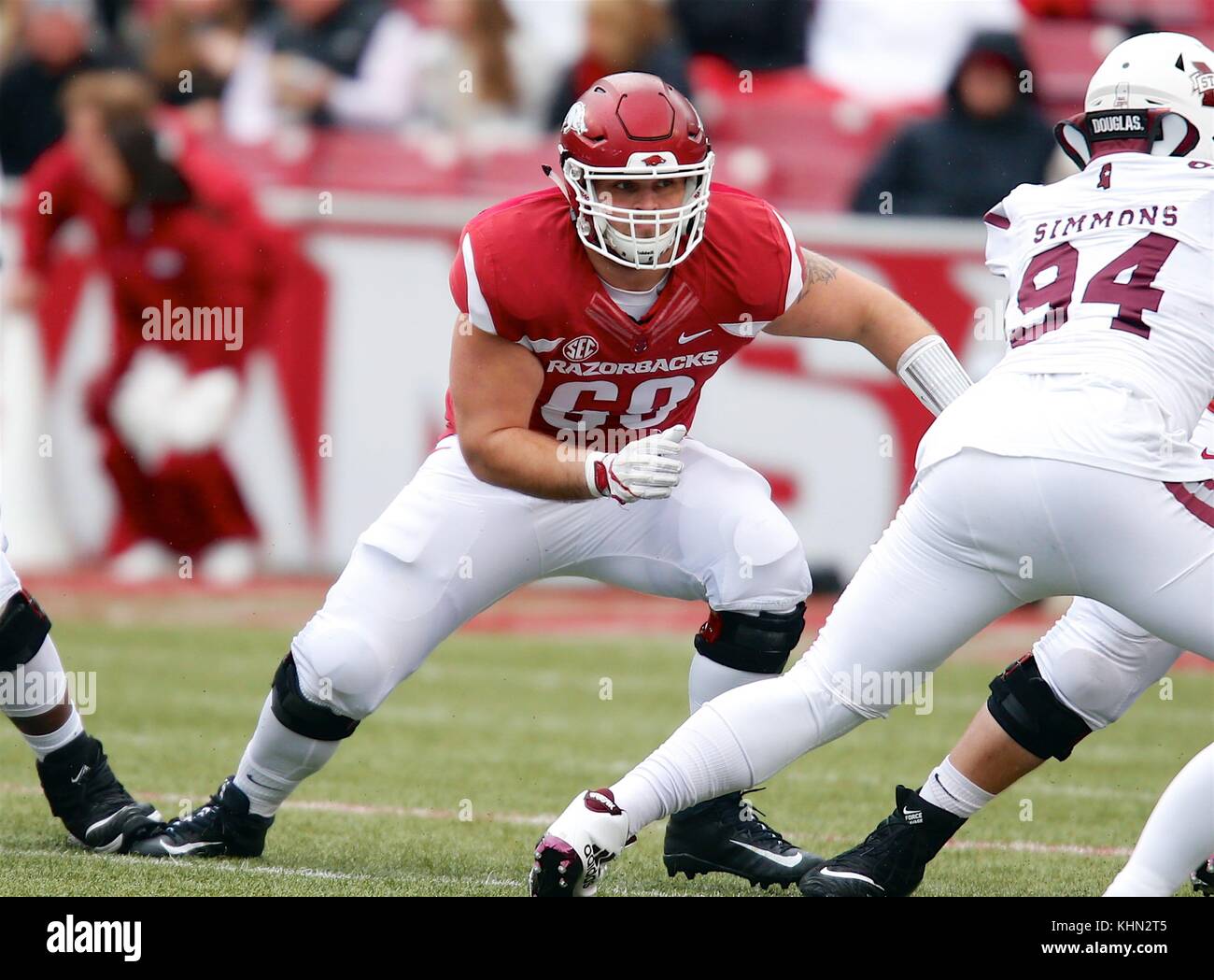 Nov 18, 2017: Dylan Hays #69 Razorback right tackle moves into place as ...