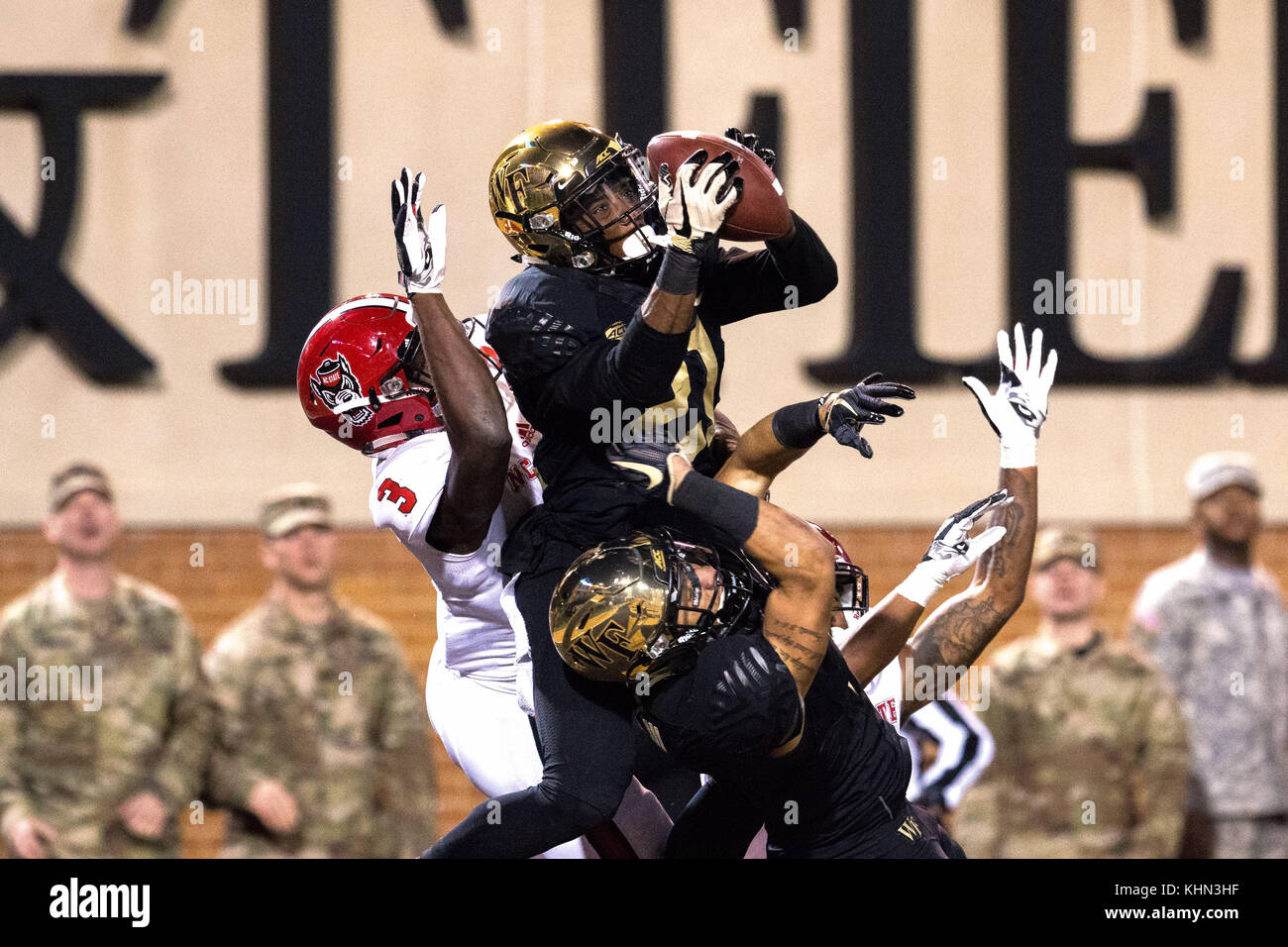 Winston-Salem, NC, USA. 18th Nov, 2017. Essang Bassey (21) of the Wake ...