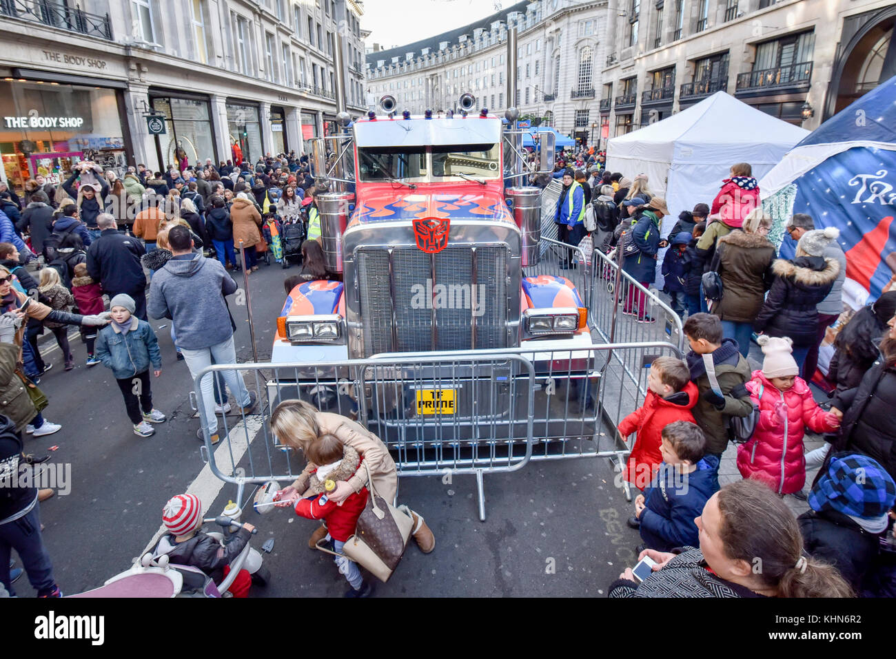 London, UK. 19 November 2017. An Optimus Prime truck from the ...