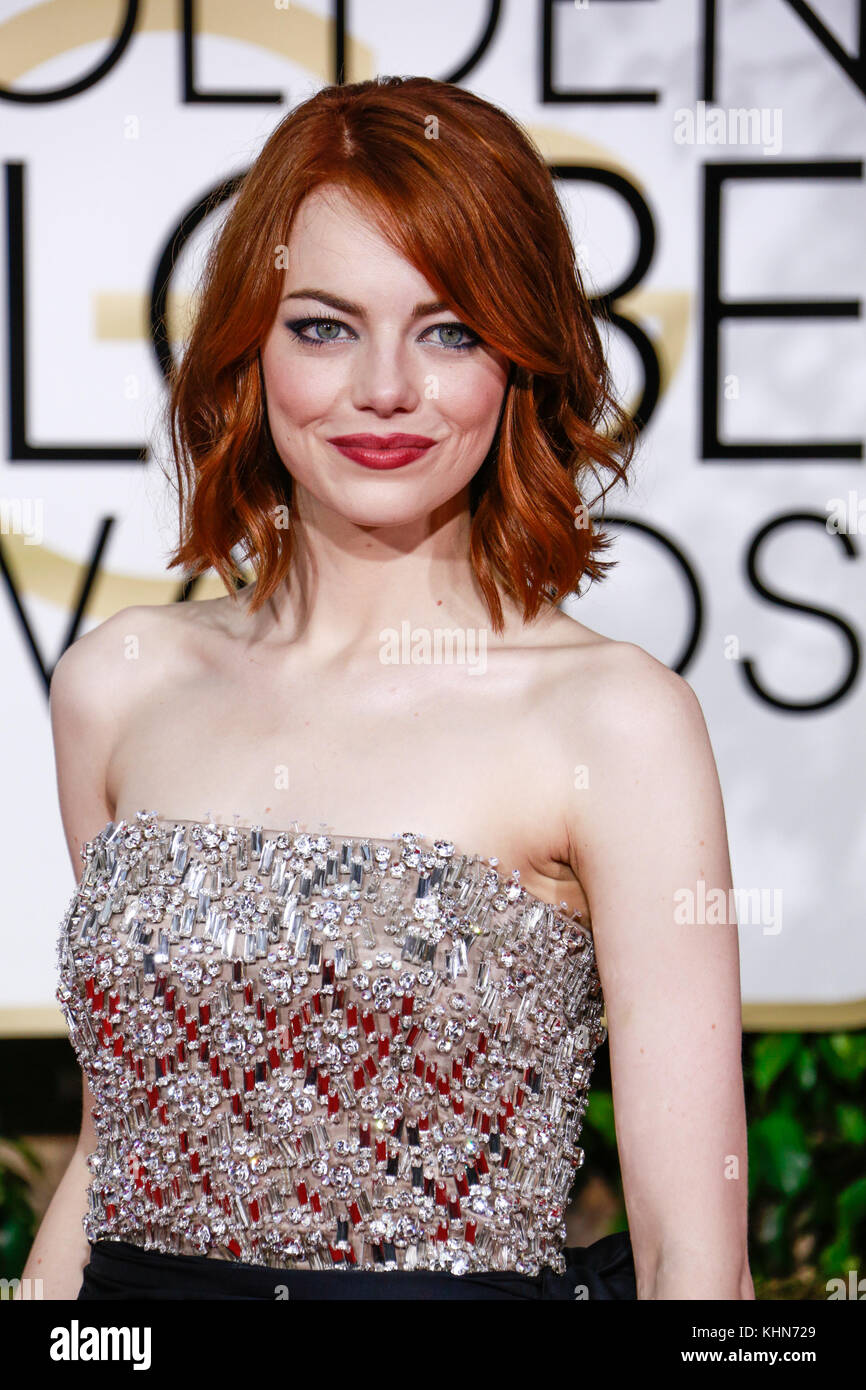BEVERLY HILLS, CA - January 11: Emma Stone at Golden Globes 2015 held ...