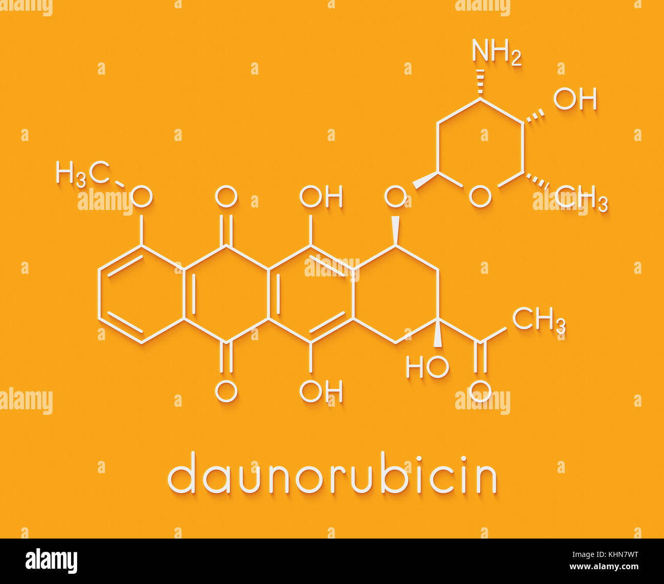 Daunorubicin (daunomycin) cancer chemotherapy drug molecule. Skeletal ...