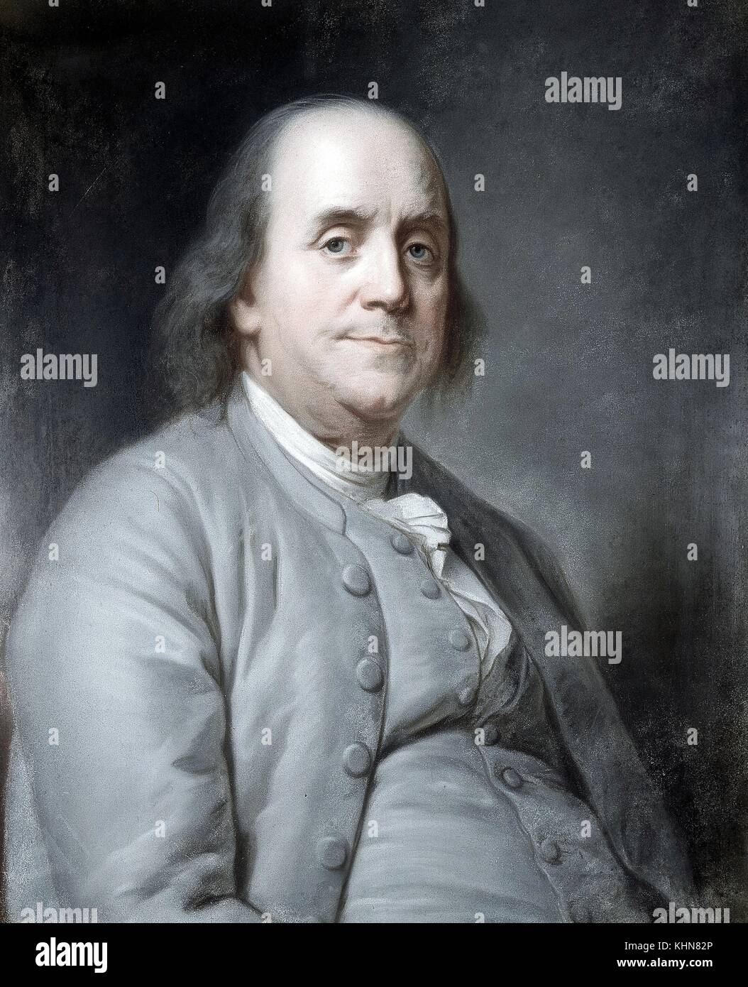 A half length portrait of Benjamin Franklin, he is shown in a seated ...