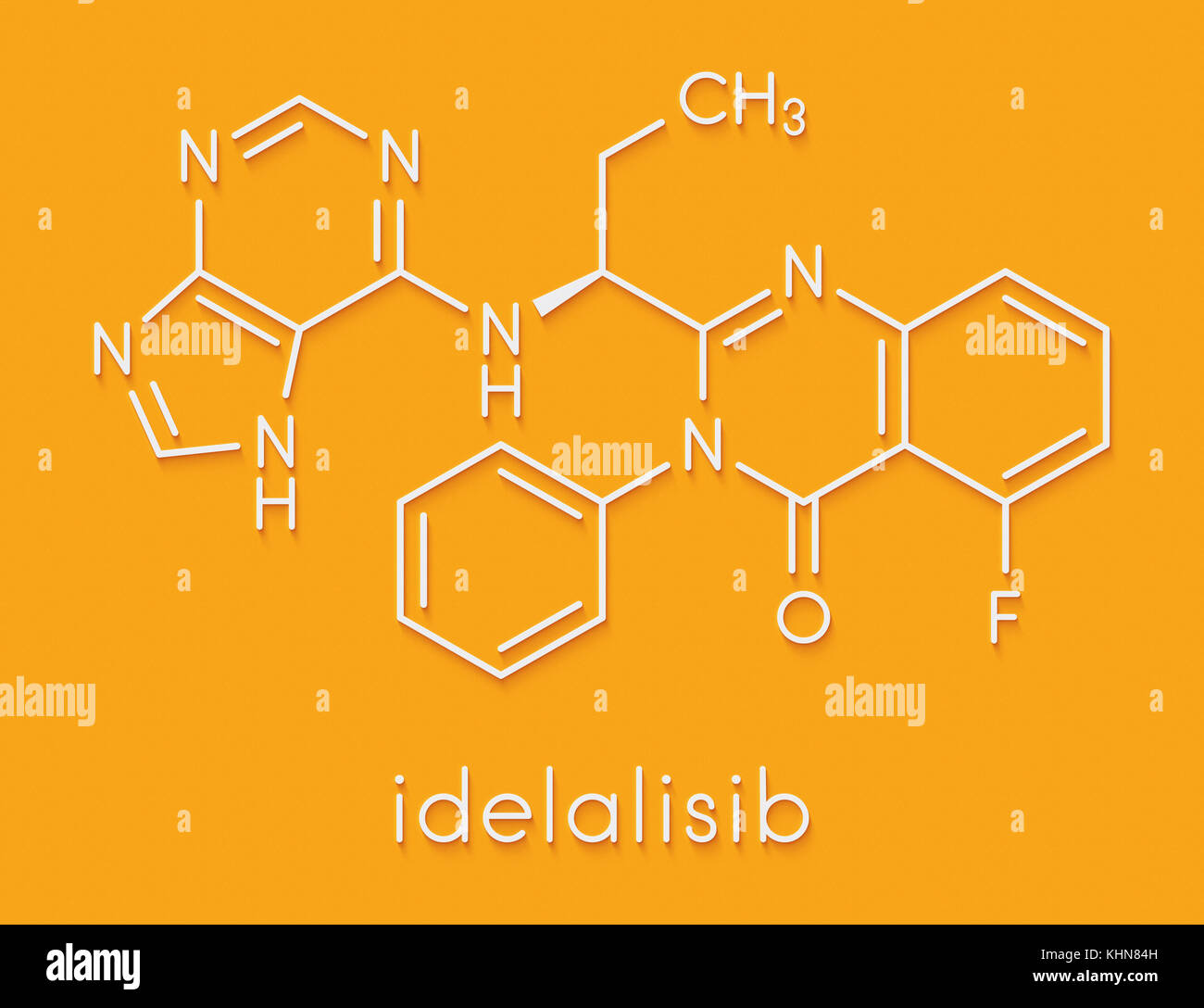 Idelalisib leukemia drug molecule. Inhibitor of phosphoinositide 3 ...