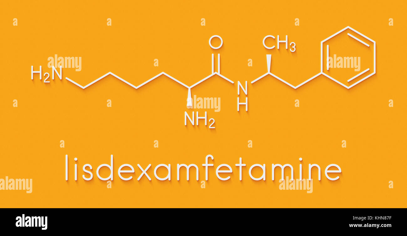 Lisdexamfetamine mesylate ADHD treatment drug molecule. Skeletal ...