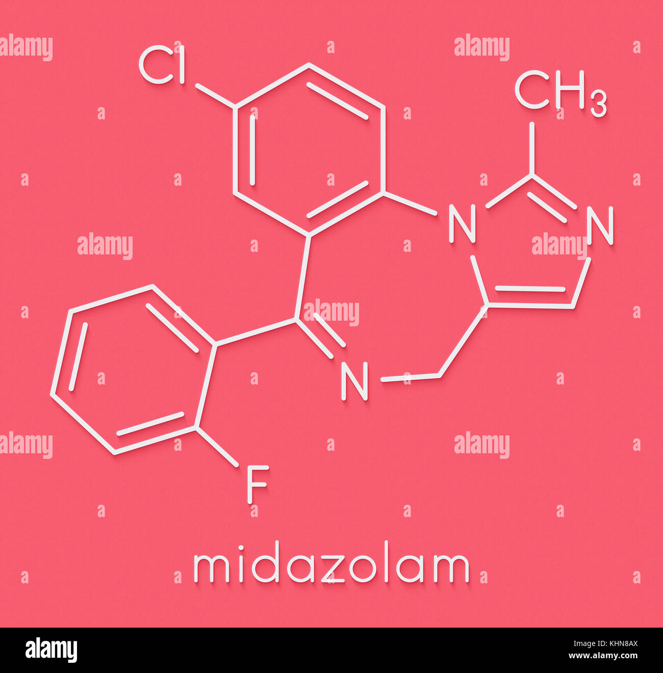 Midazolam benzodiazepine drug molecule. Has sedative, anxiolytic ...