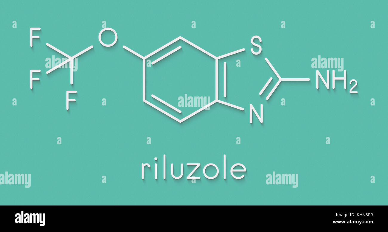 Riluzole amyotrophic lateral sclerosis (ALS) drug molecule. Skeletal ...