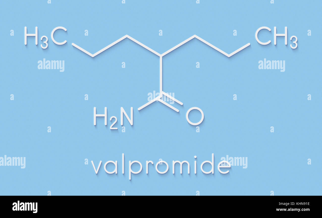 Valpromide seizures drug molecule (antiepileptic agent). Skeletal ...