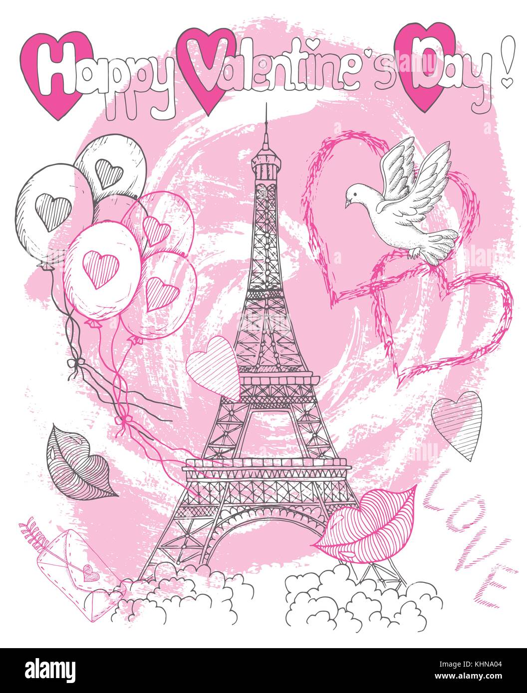 Pink Valentines Day card with the Eiffel Tower and hearts Stock Vector ...