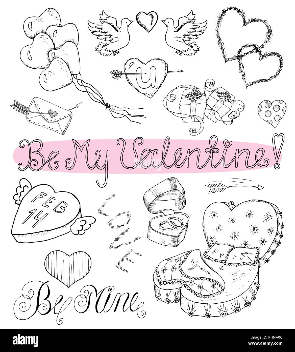 Valentines Day doodle set with hearts, letters and gifts Stock Vector ...