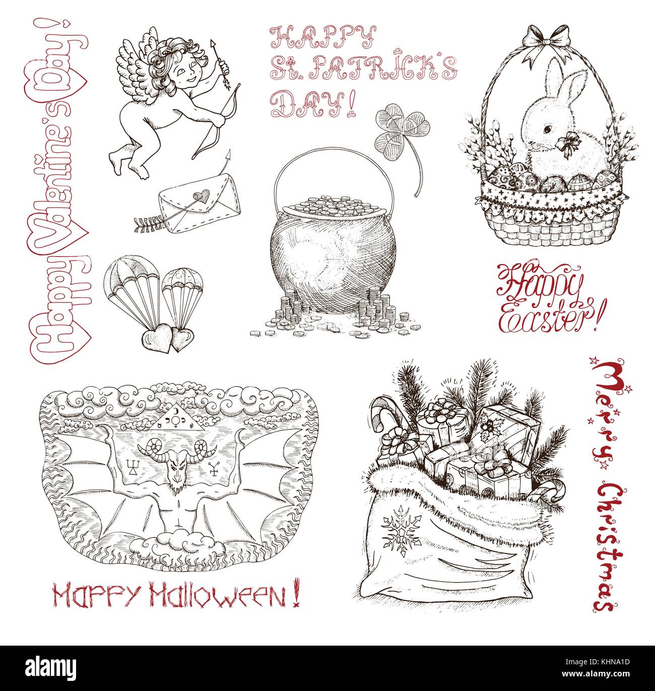 Hand drawn vintage holidays set, hand drawn illustration Stock Vector ...