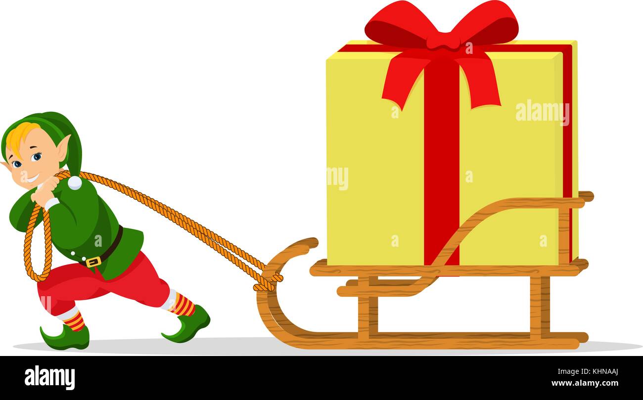 Vector cartoon Christmas elf sleigh with gift box Stock Vector Image ...