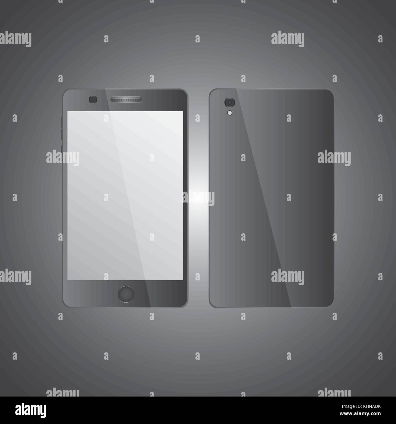 mobile phone front view and back side with shadows on gray background ...