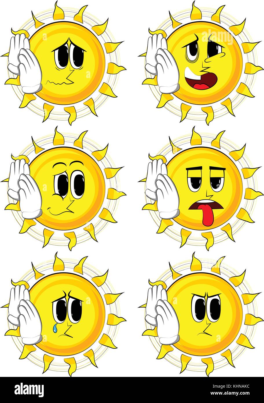 Cartoon sun holds both hand at his ear, listening. Collection with sad ...