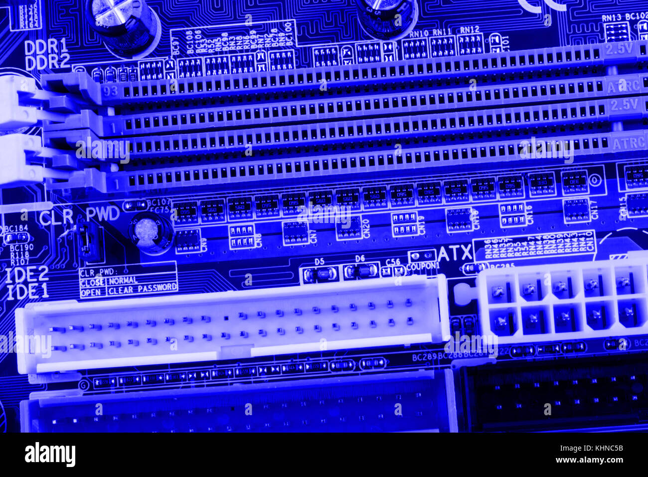 Electronics components on modern PC computer motherboard with RAM ...