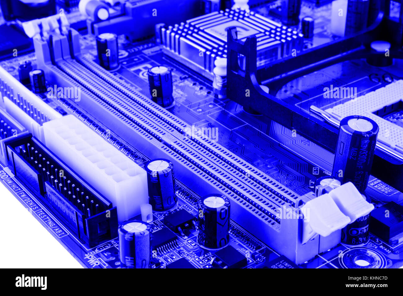 Radiator on chip of northbridge of computer motherboard close macro ...