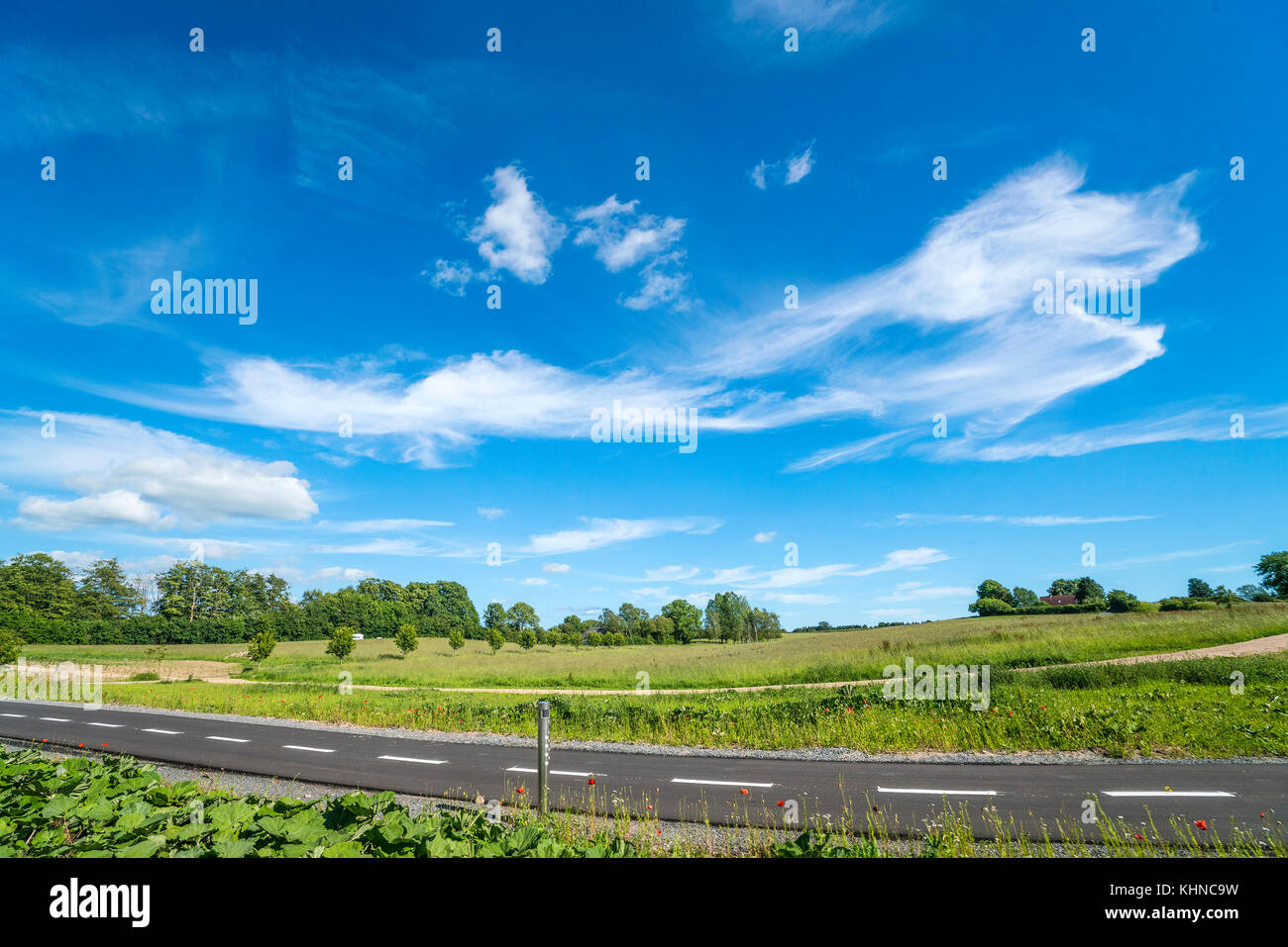 Countryside landscape with a bicycle path in rural surroundings in the ...