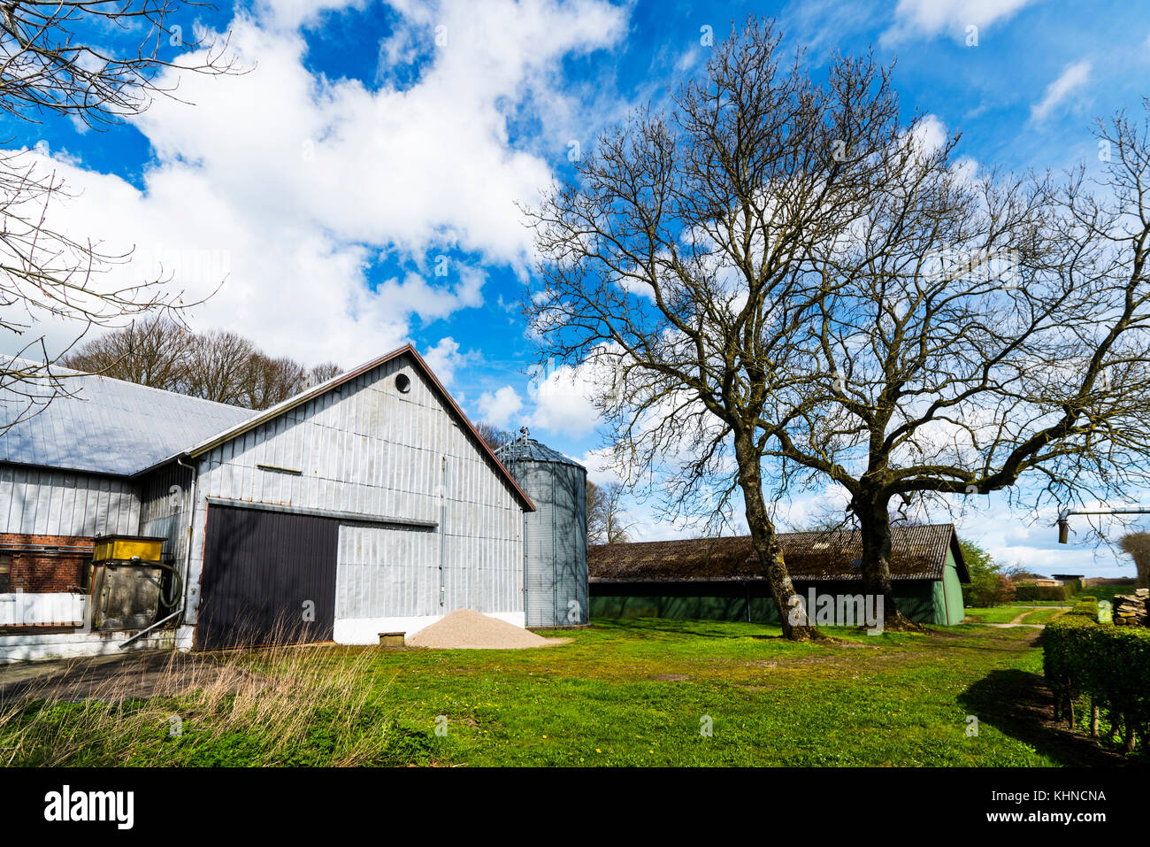 Rural barnyard with a silo and green grass in the spring Stock Photo ...