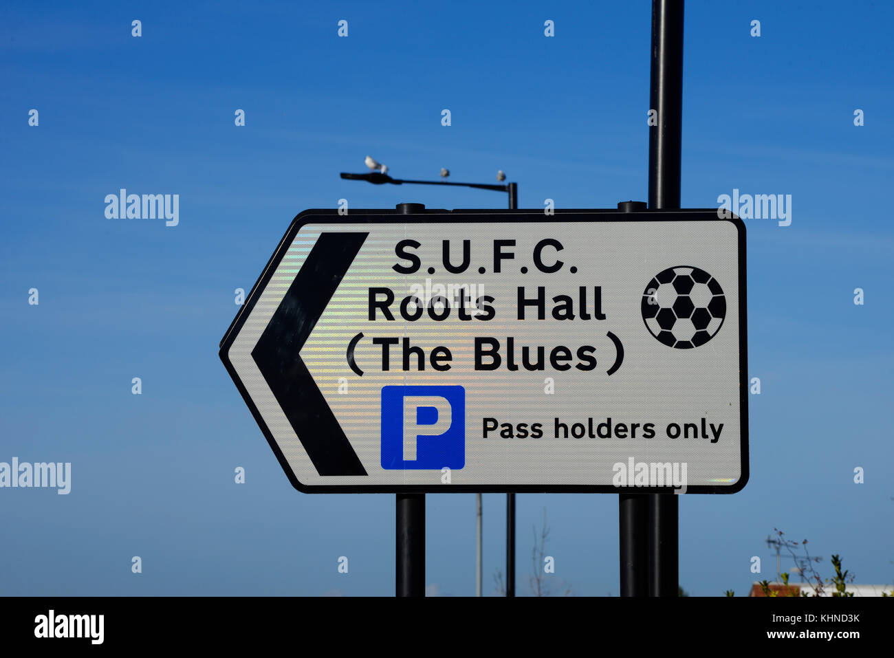 Southend United Football Club, SUFC, road sign Roots Hall, The Blues ...