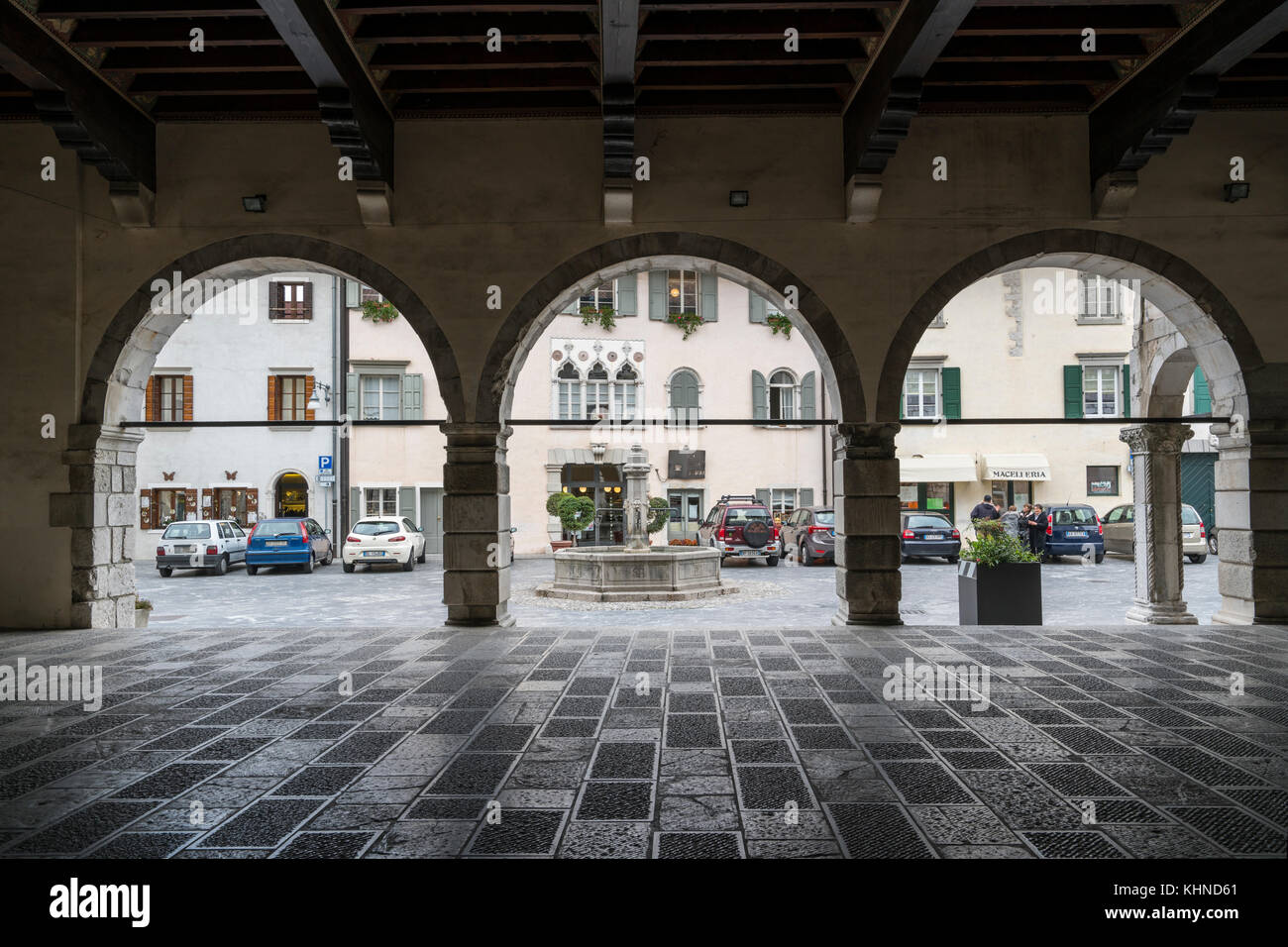 the portico of the medieval palace of the town hall in Venzone, Friuli ...