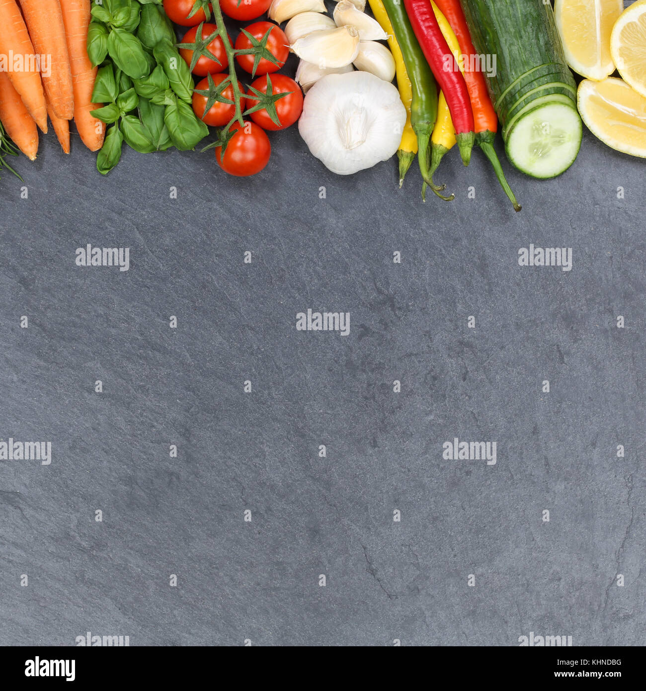 Vegetables collection tomatoes carrots cooking ingredients slate square ...