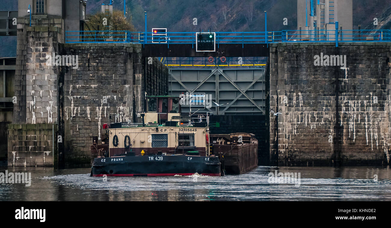 cargo ship, river Vltava, Czech Republic, sail with cargo to Štěchovice ...