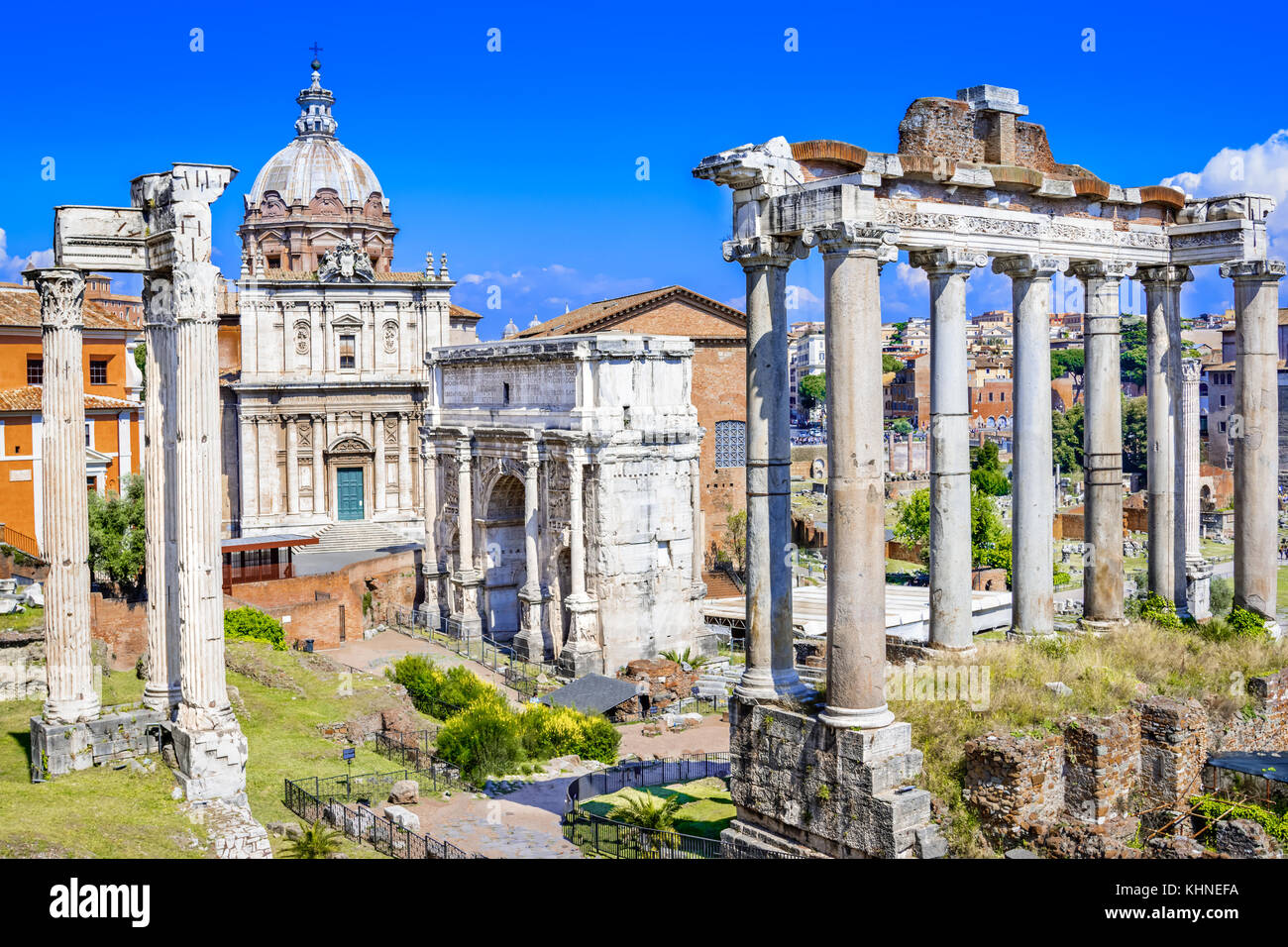 Overview of the ancient Forum, showing temples, pillars, the senate and ...