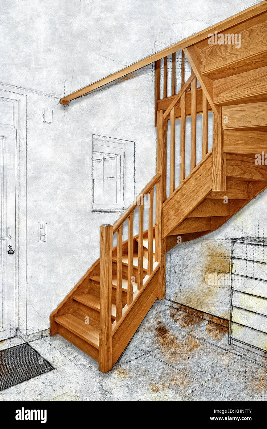 Sketch illustration of a Hardwood stairs and ramp in renovated room ...