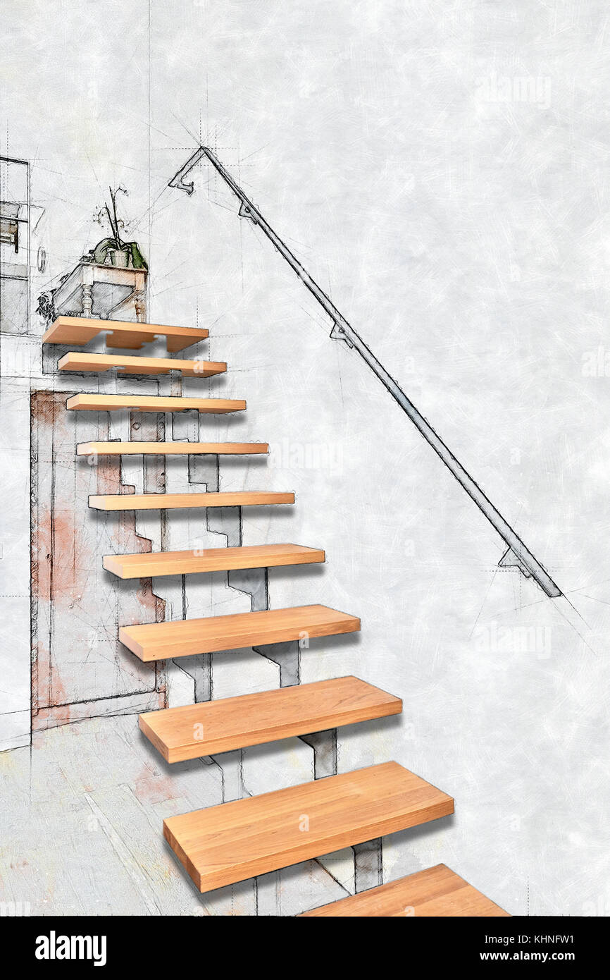 Sketch illustration of a Hardwood stairs and ramp in modern renovated ...