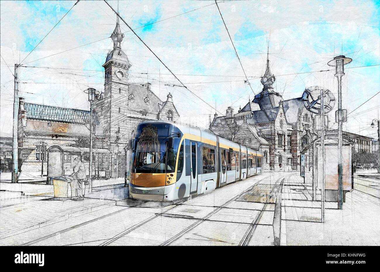 Partial sketch of New type of Brussels tram in front of the Schaerbeek ...
