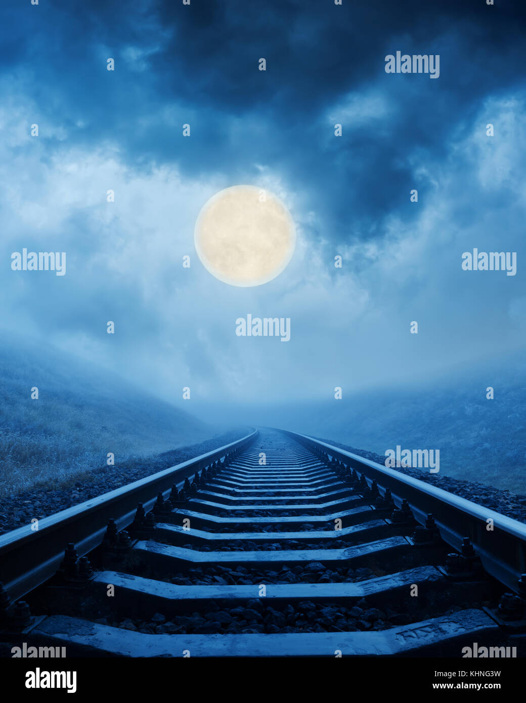 railroad in night under full moon Stock Photo - Alamy