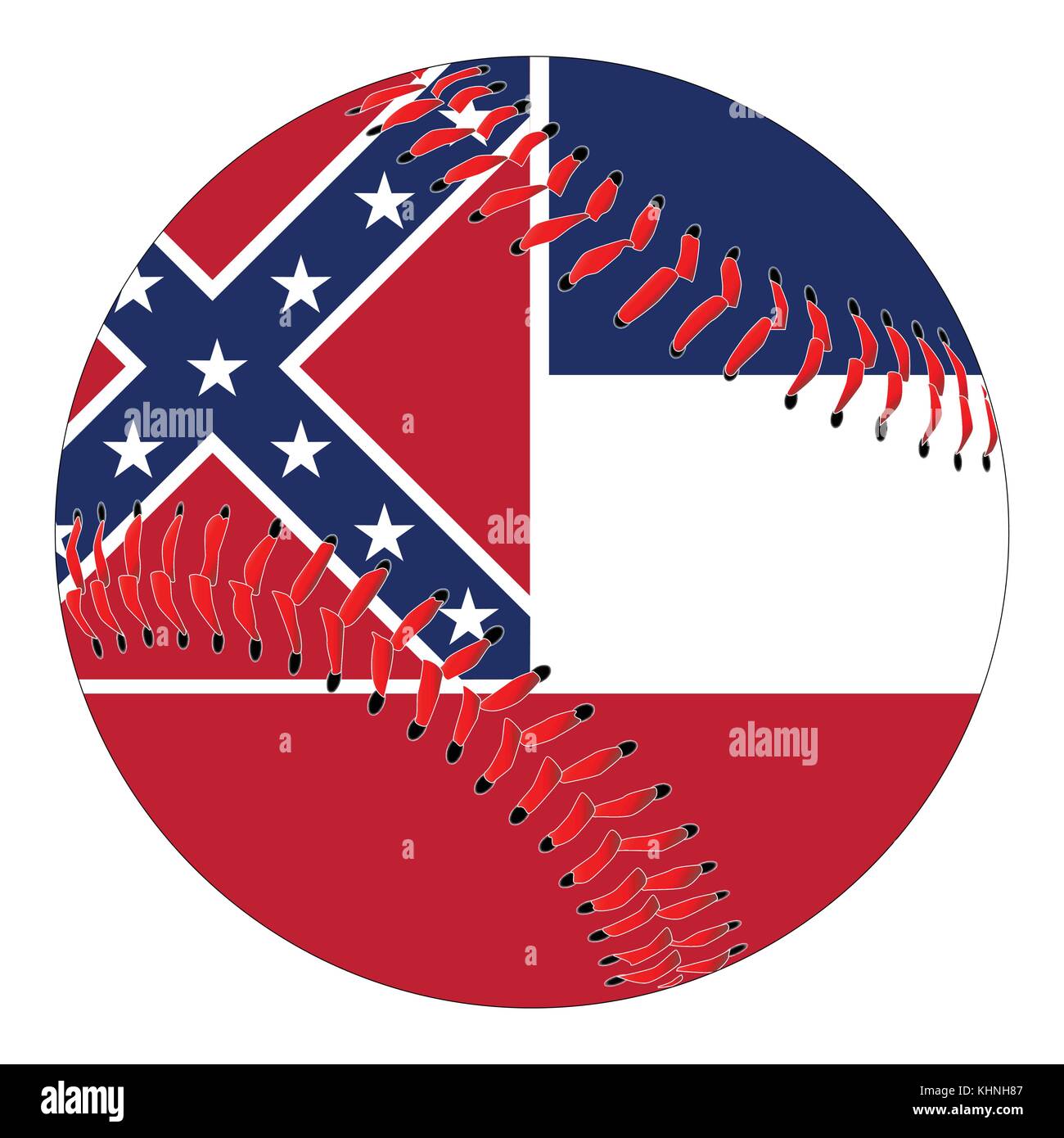 A new white baseball with red stitching with the Mississippi state flag ...