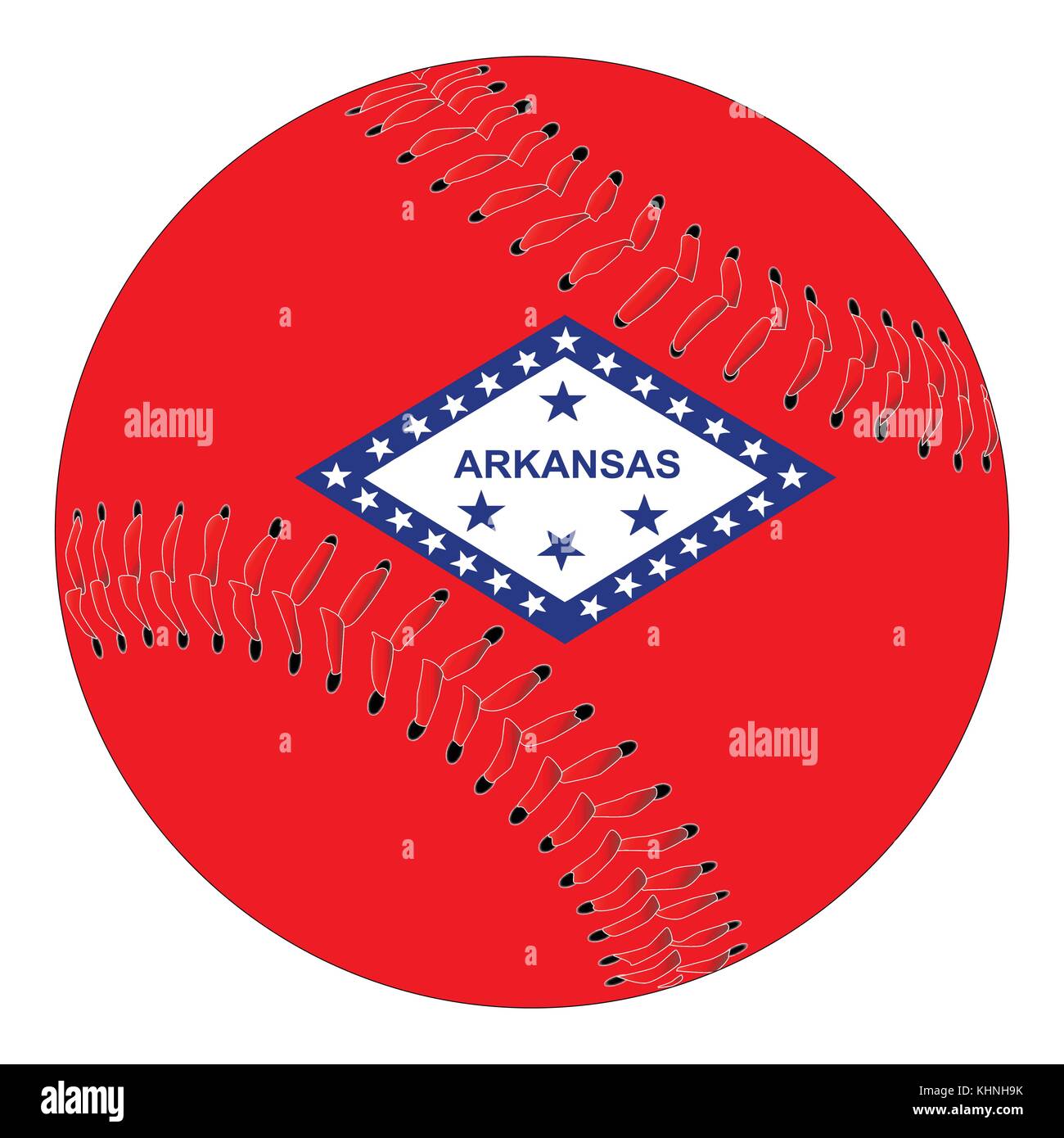 A new white baseball with red stitching with the Arkansas state flag ...