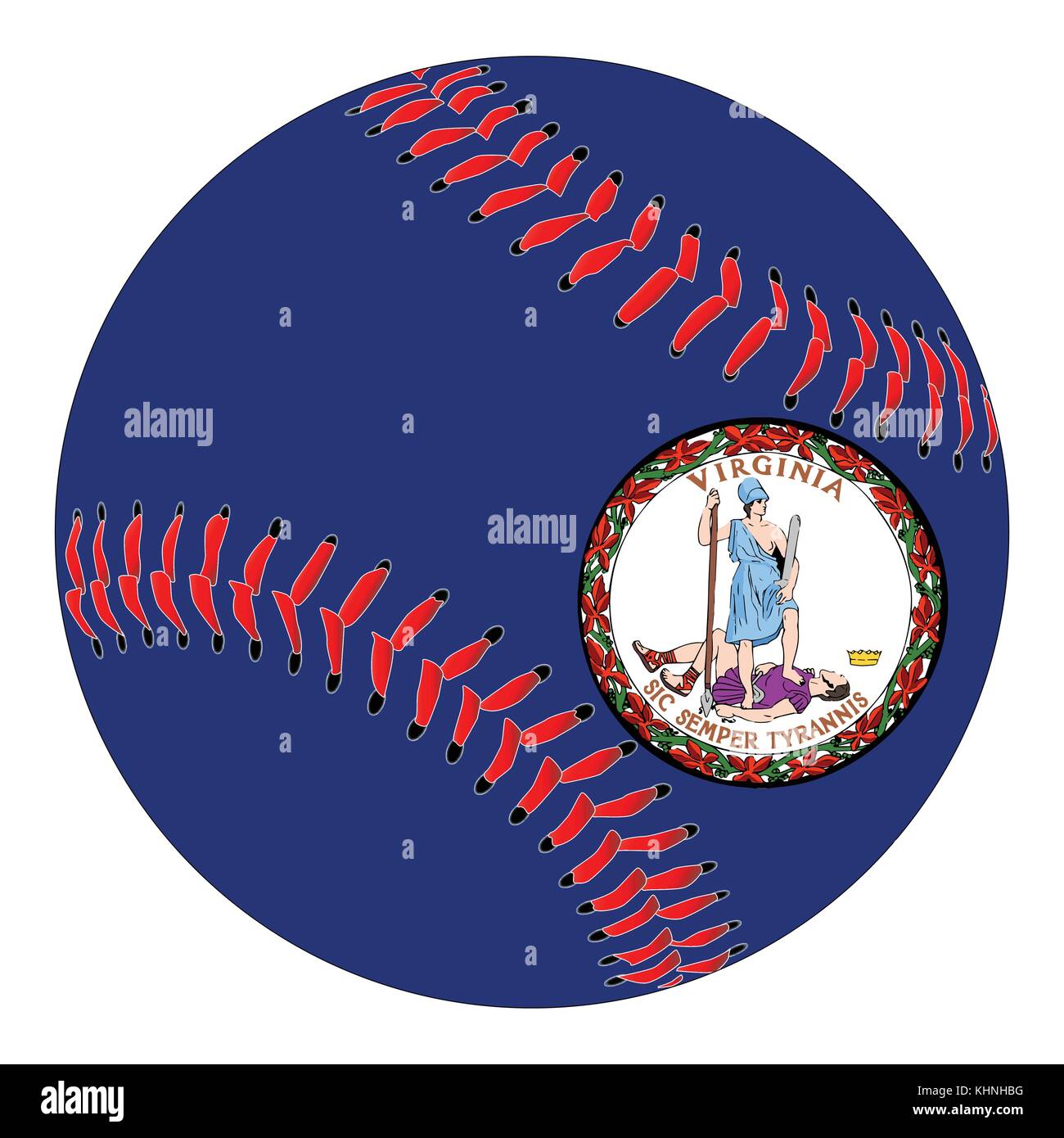 A new white baseball with red stitching with the Virginia state flag ...