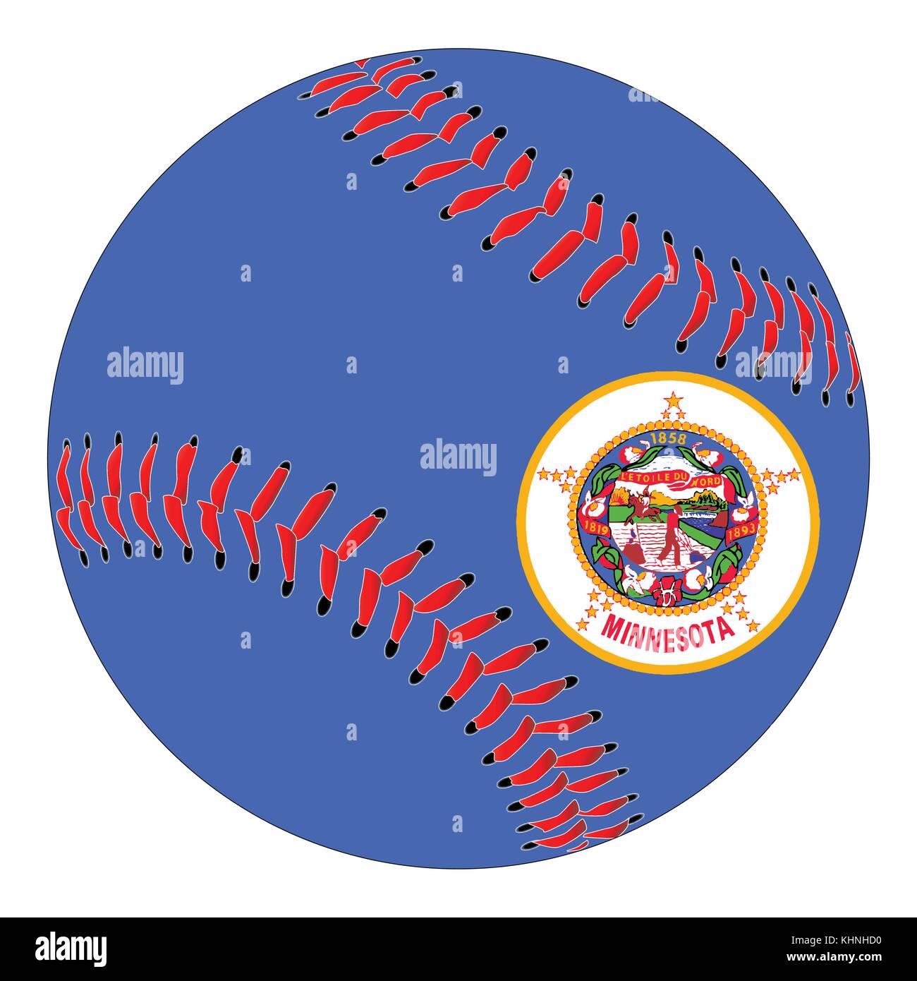 A new white baseball with red stitching with the Minnesota state flag ...