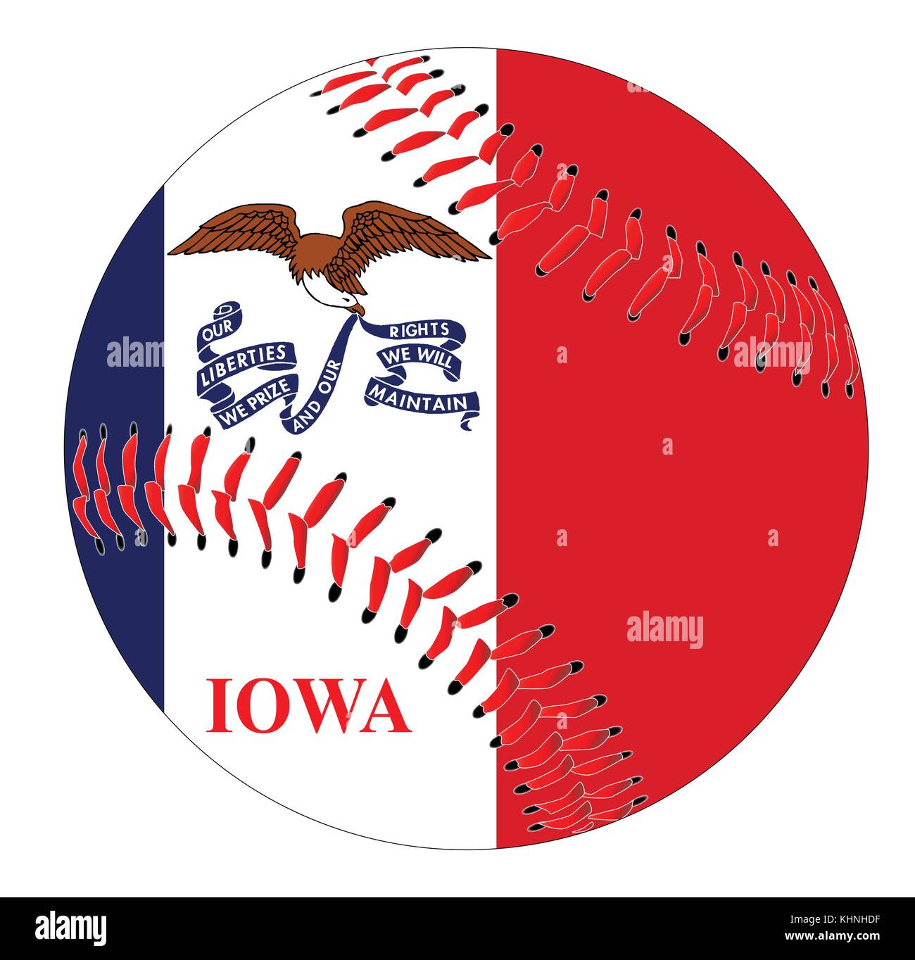 A new white baseball with red stitching with the Iowa state flag ...