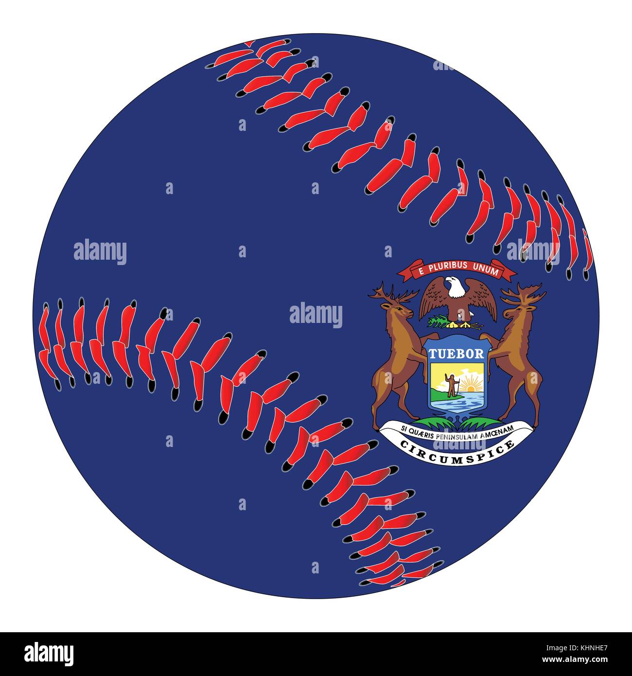A new white baseball with red stitching with the Michigan state flag ...
