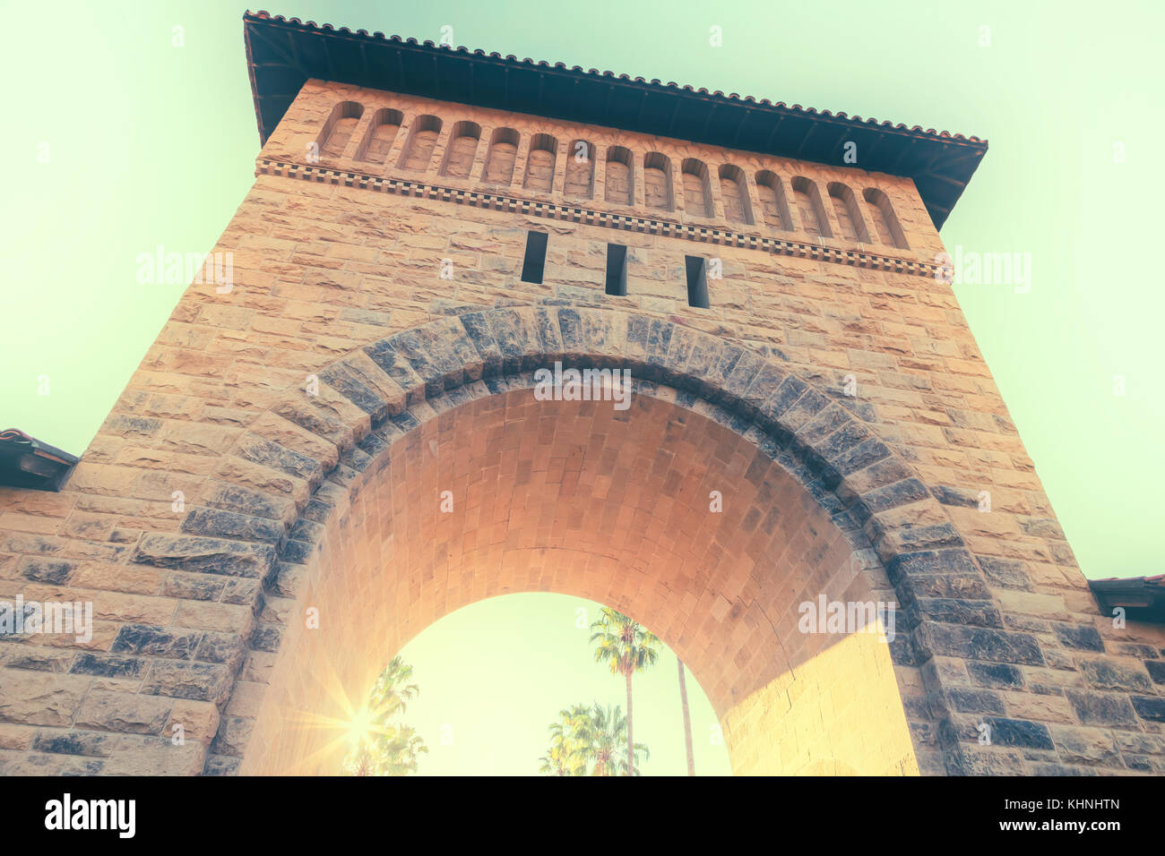 View of the arch tower, from lower view up, Stanford University Campus ...