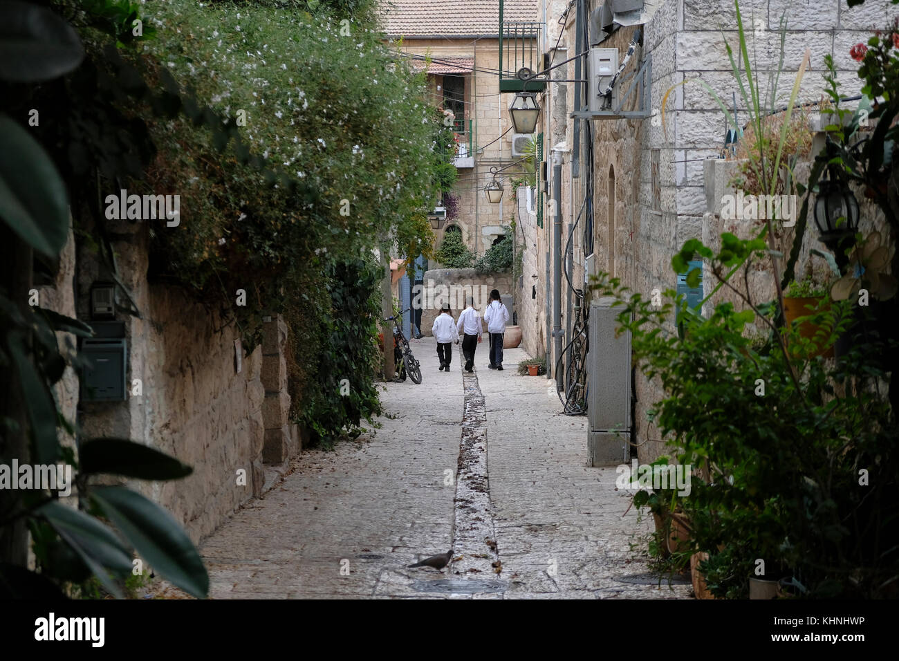 Religious Jewish children walking along an alley in Musrara ...