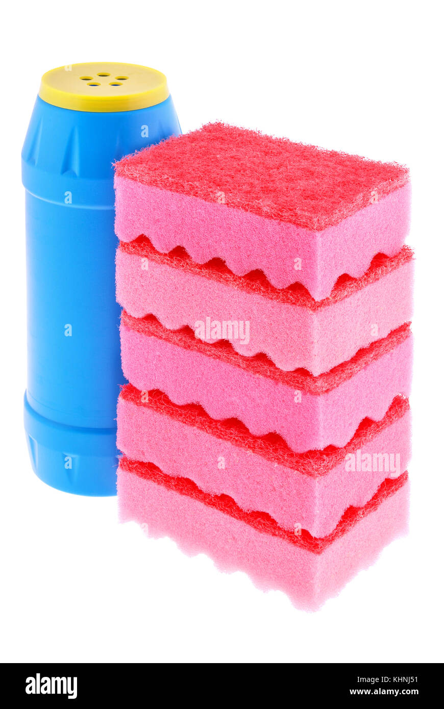 Dark blue bottle of a cleaner with five dark red sponges Stock Photo ...