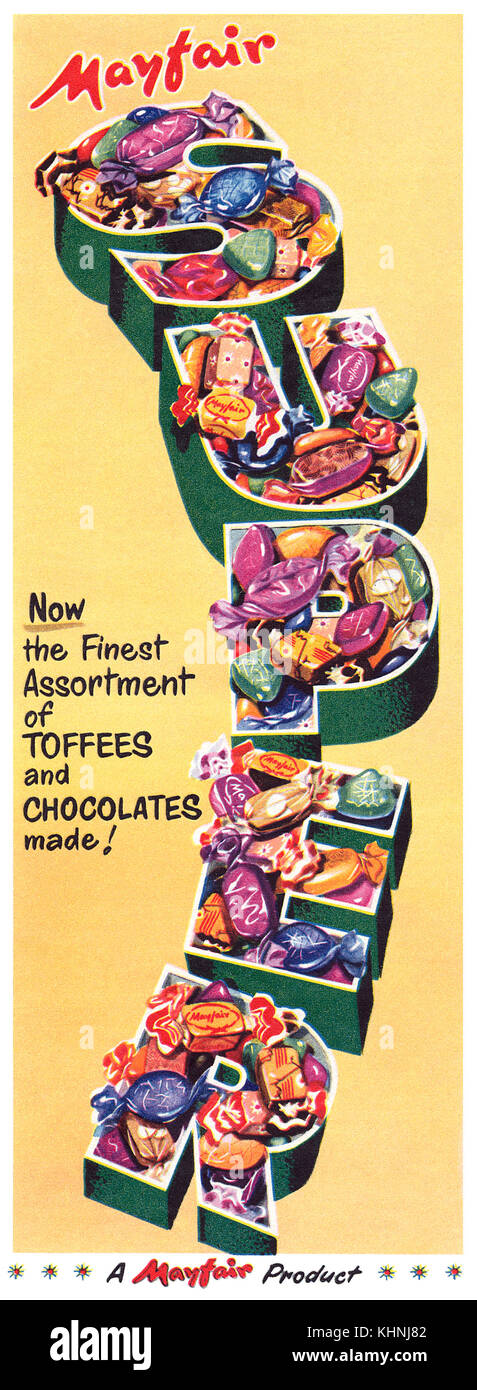 1955 British advertisement for Mayfair toffees and chocolates Stock ...
