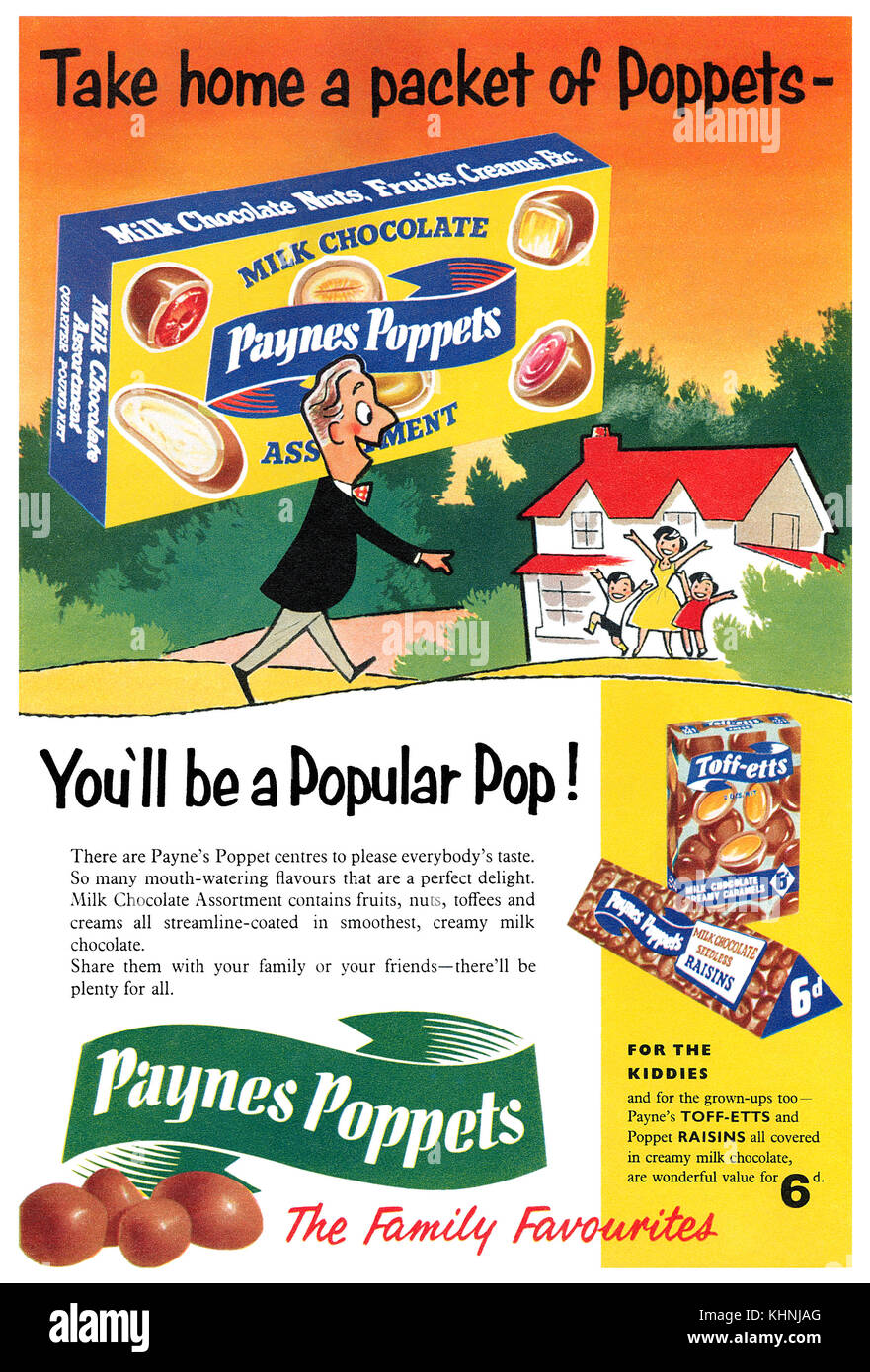 1957 British advertisement for Paynes Poppets sweets Stock Photo - Alamy